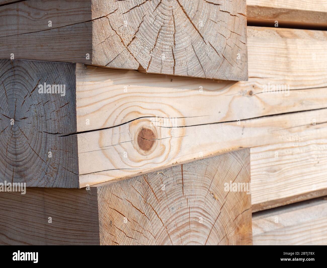 Smooth spruce logs joined together in the corner of wooden logs house ...