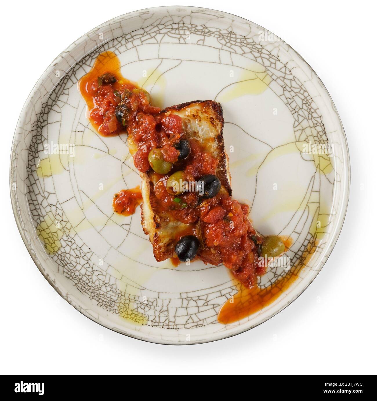 Grilled Fish Fillet on plate isolated top view Stock Photo - Alamy