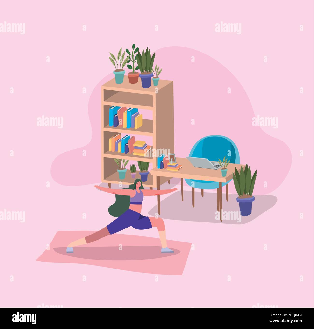 Woman doing yoga on mat in front of laptop on desk vector design Stock ...