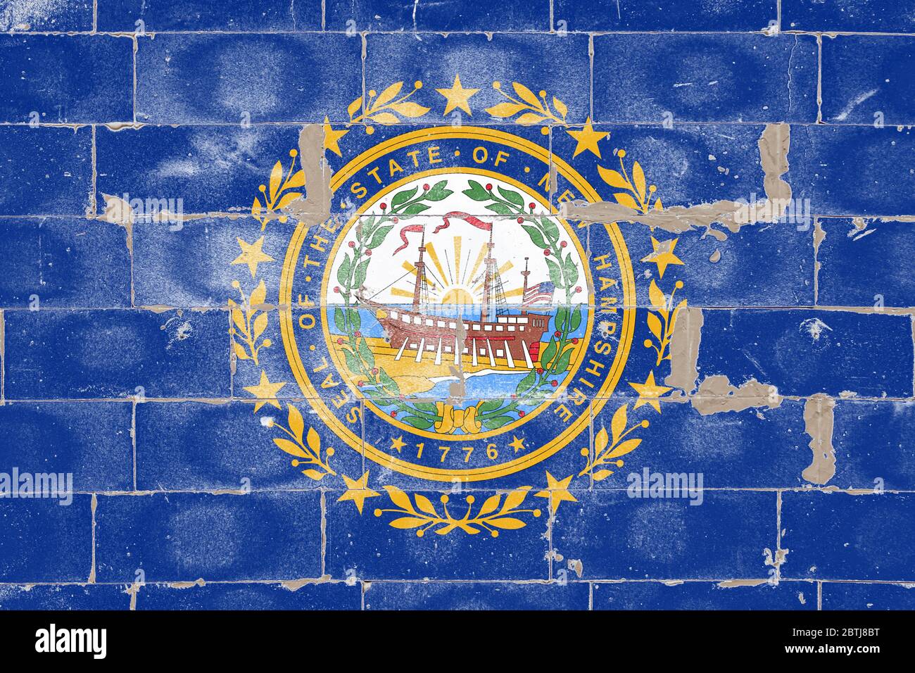 Flag of USA of New Hampshire with seal in center with a frigate ...