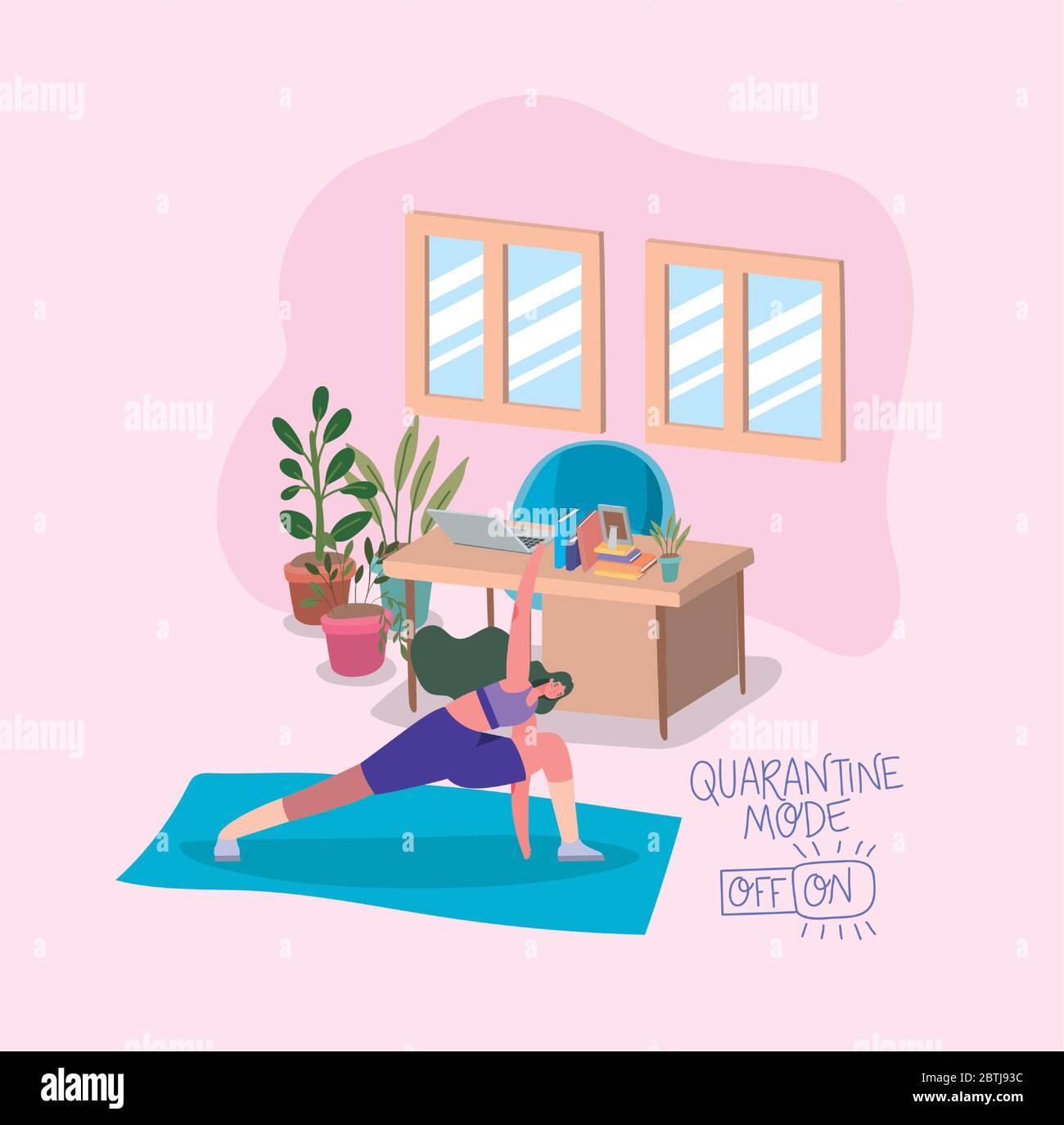 Woman doing yoga on mat in front of laptop on desk vector design Stock ...