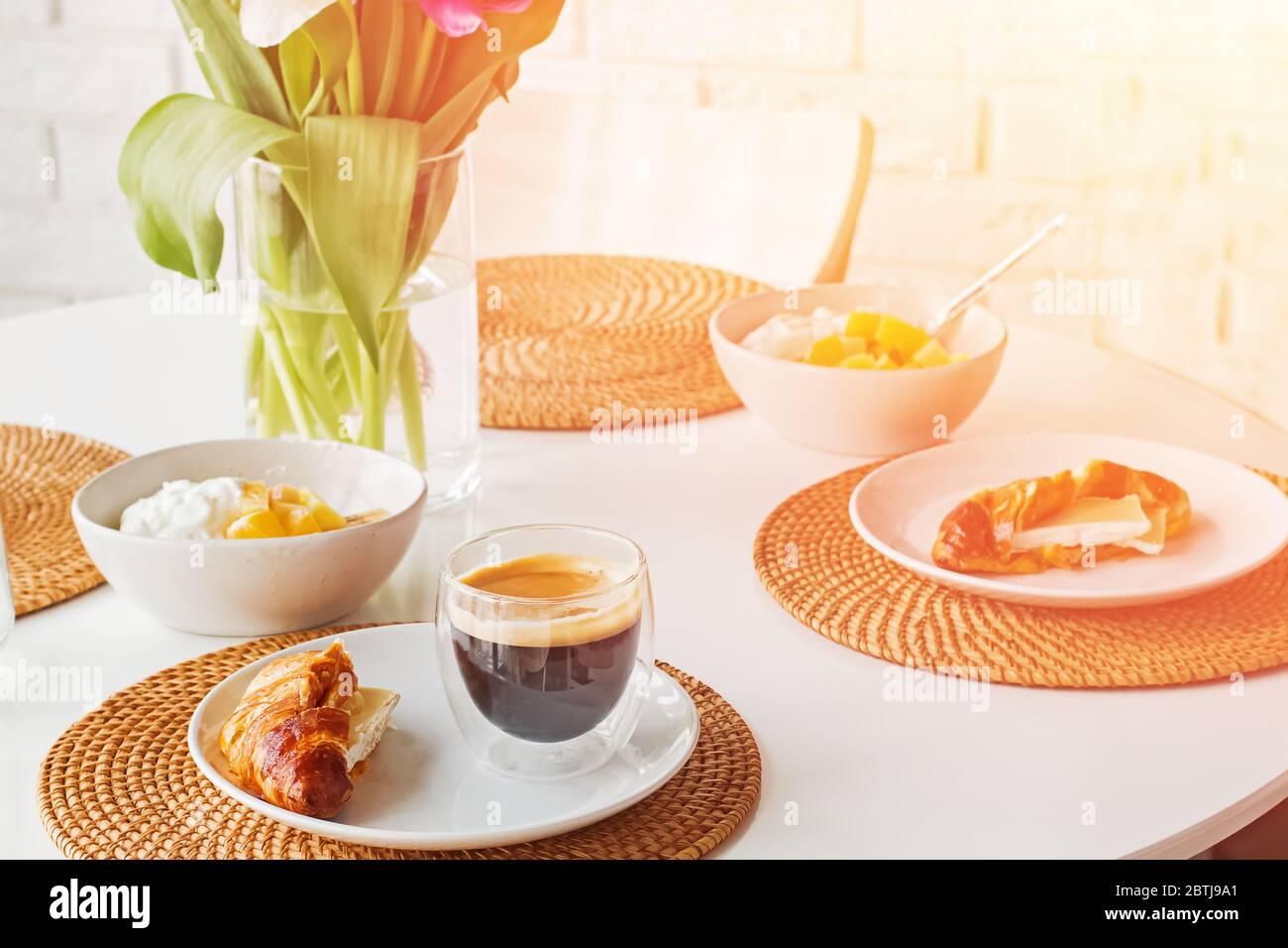 Sunday brunch at home, plate with coffee and croissant Stock Photo - Alamy
