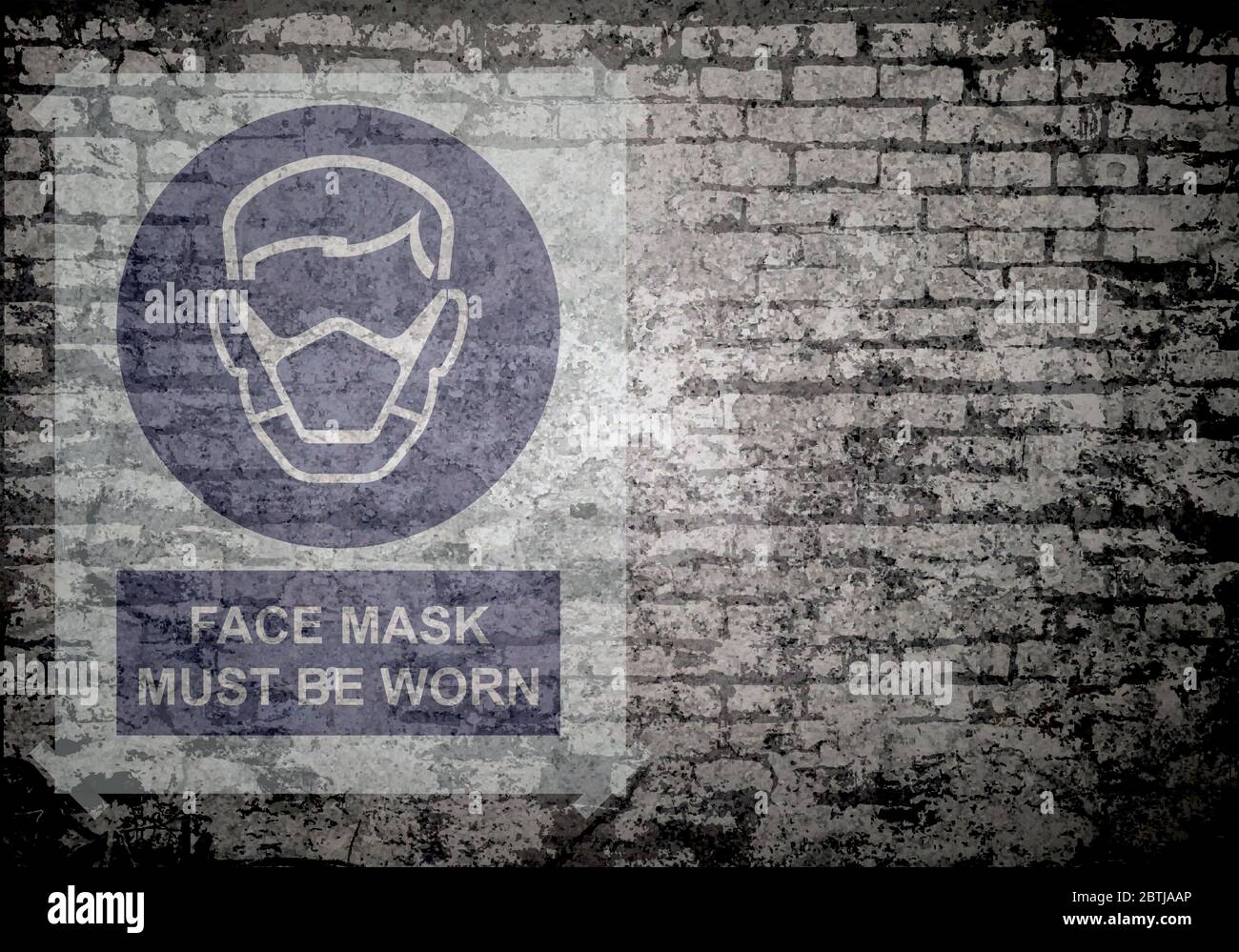 Grunge decayed faded brick wall background with face mask must be worn ...
