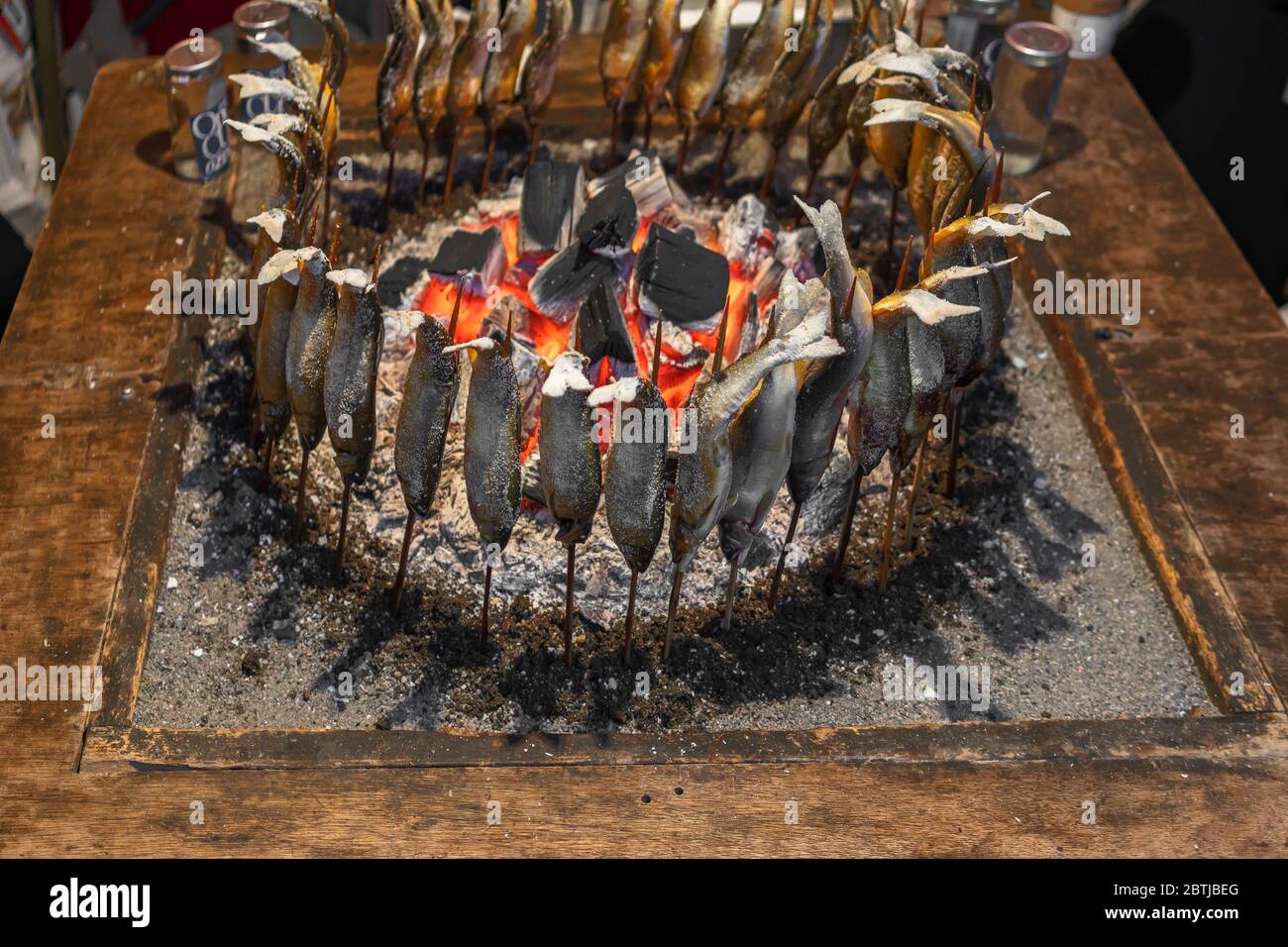 tokyo, japan - march 30 2020: Japanese ayu fish skewers also called ...