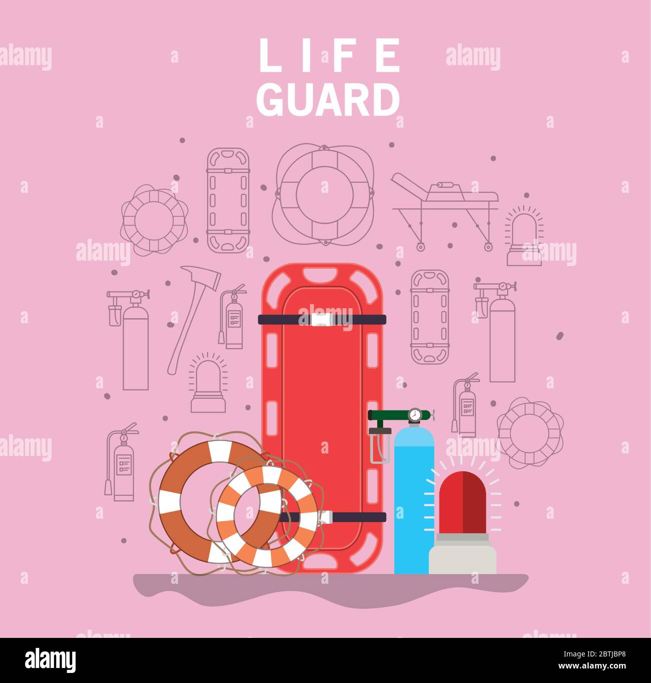 Lifeguard stretcher lifebuoy oxygen cylinder and siren vector design ...