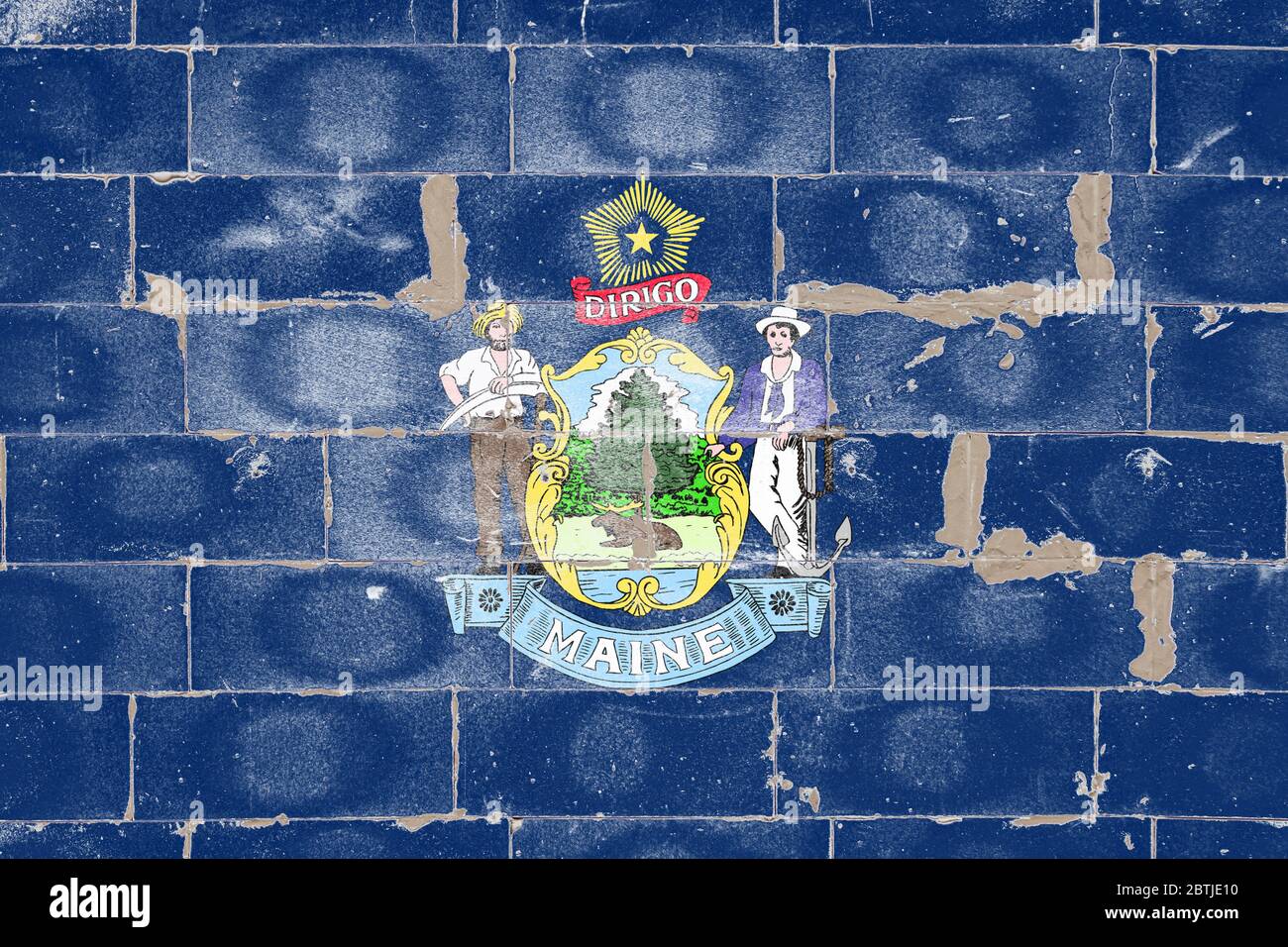 The national flag of the USA state of Maine with the coat of arms on a ...