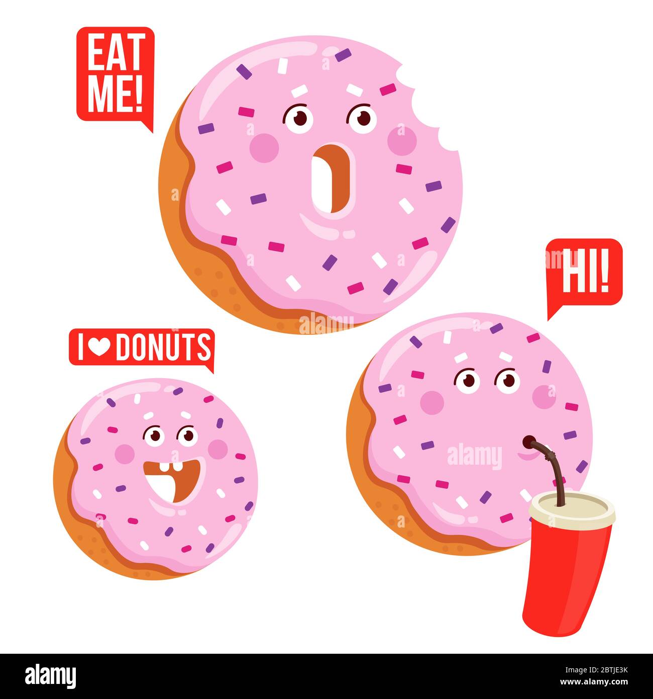 Funny cartoon donut character emoticon set. Happy donut sticker. Vector ...