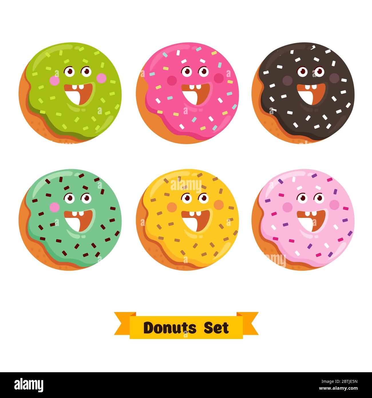 Funny cartoon donut character emoticon set. Happy donut sticker. Vector ...