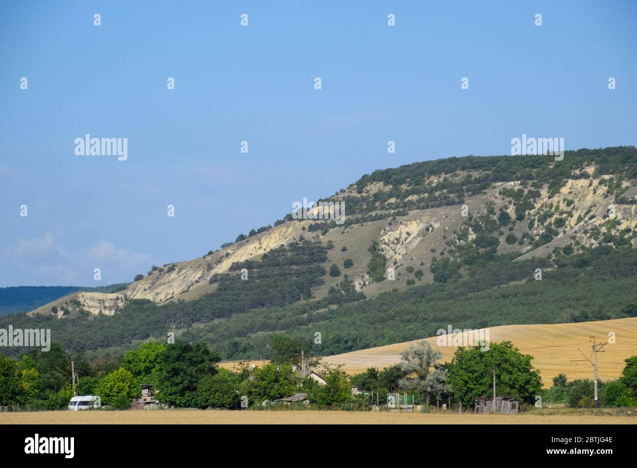 Landscapes of Crimean nature. Fields and hills visible from car window ...