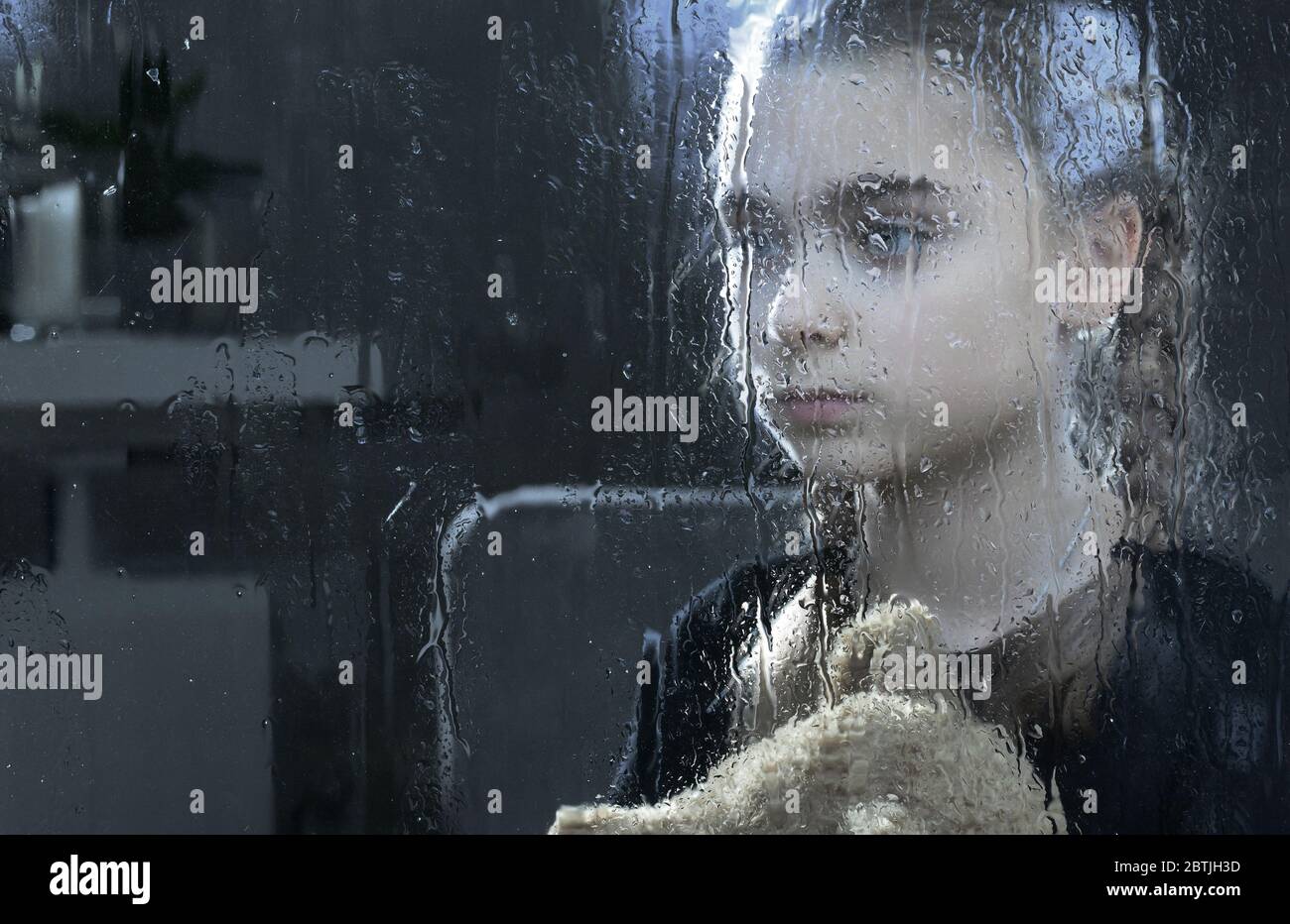 Depression in Children. Caucasian Girl with Teddy Bear Behind Wet From ...