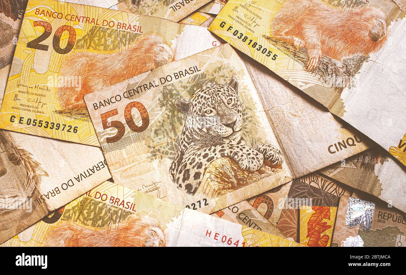 Real currency, money from brazil. Brazilian banknotes in close up ...
