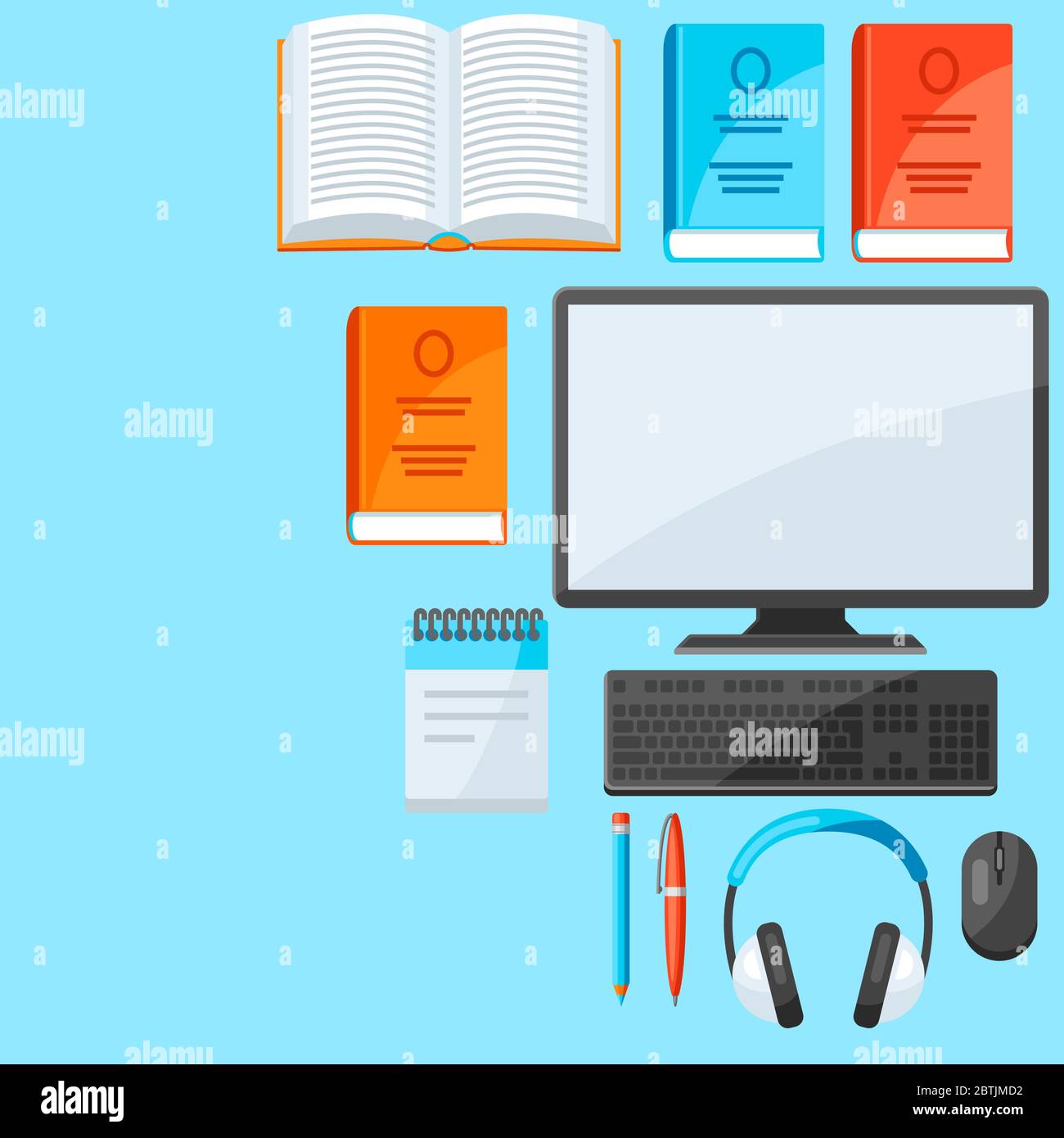 Background with online studying at home items. Distance education Stock ...