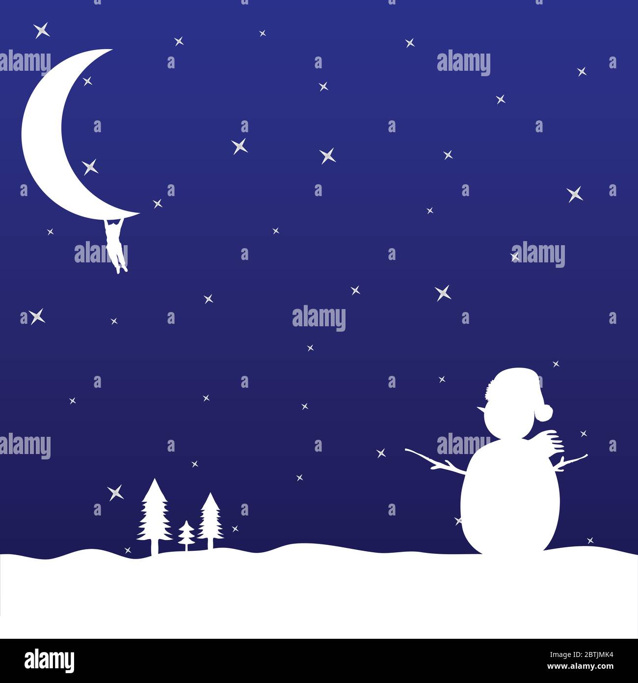 man hanging on the moon and snowman vector illustration Stock Vector ...