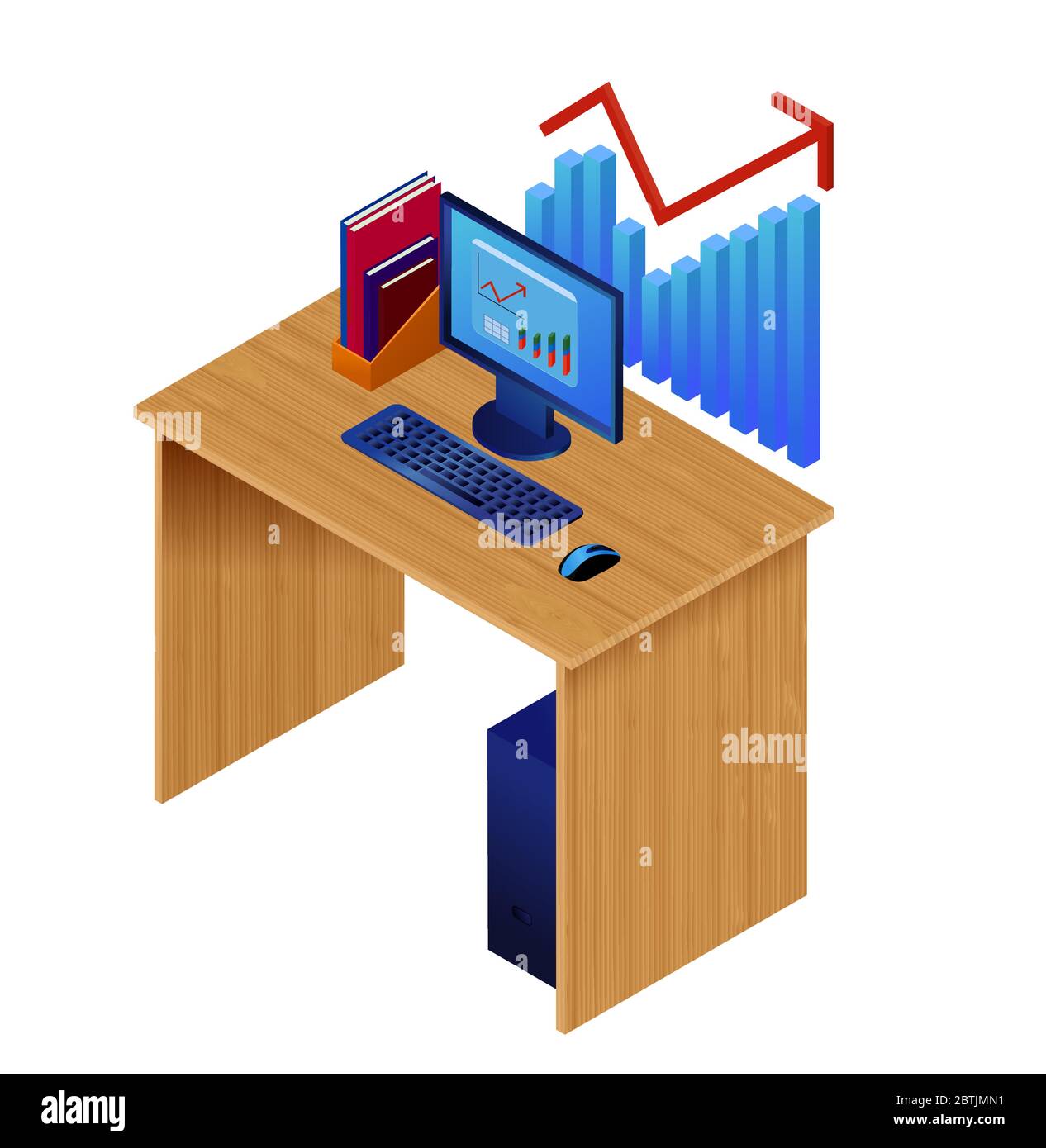 Home or office desk with computer, paper folders and chart. Isometric ...