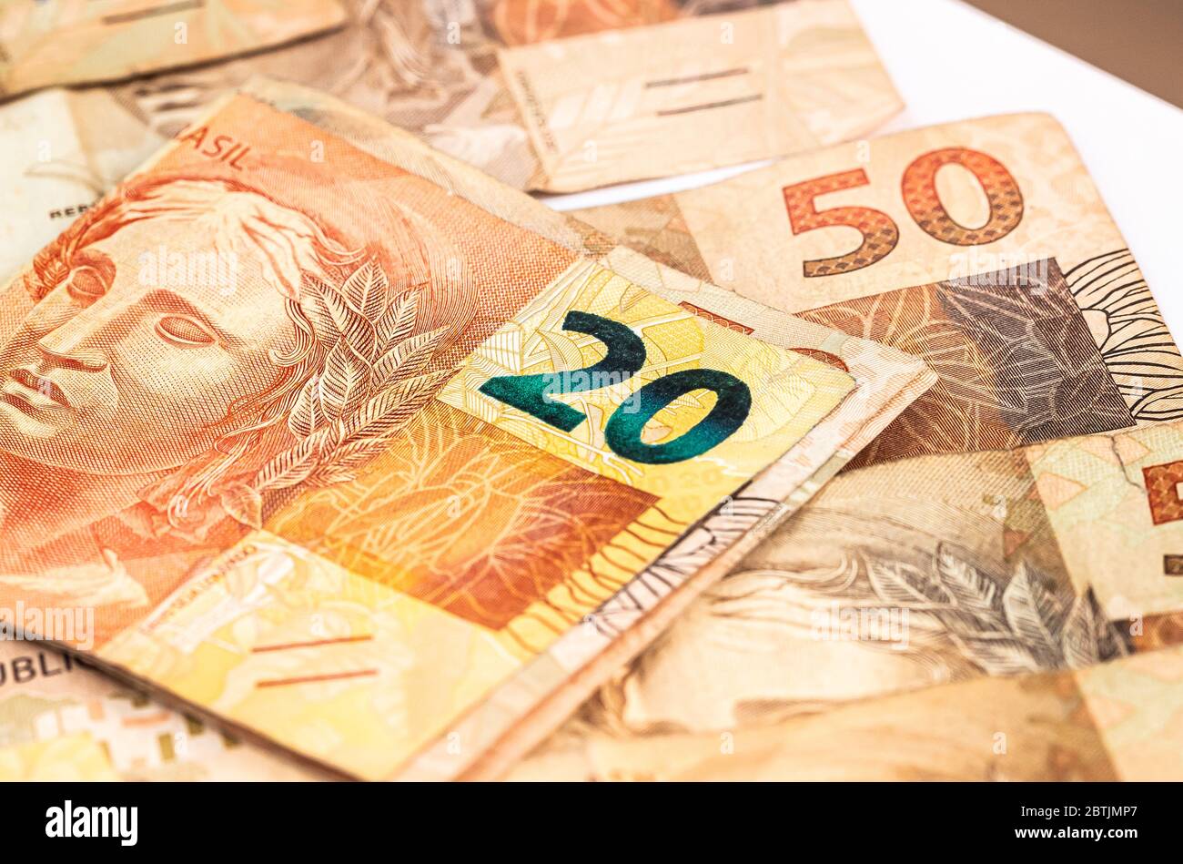 Real currency, money from brazil. Brazilian banknotes in close up ...