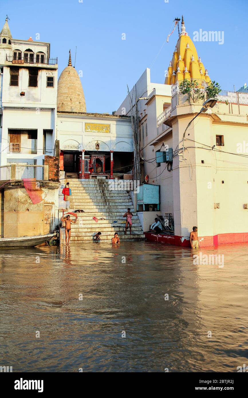 India, Varanasi - Uttar Pradesh state, 31st July 2013. Waterfront view ...