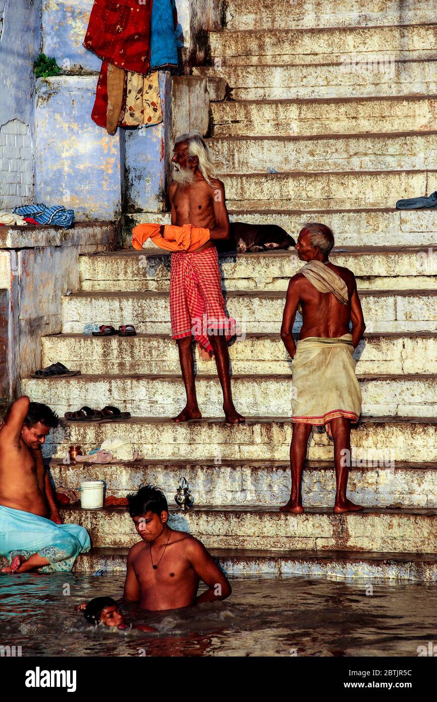 India, Varanasi - Uttar Pradesh state, 31st July 2013. At dawn, a group ...