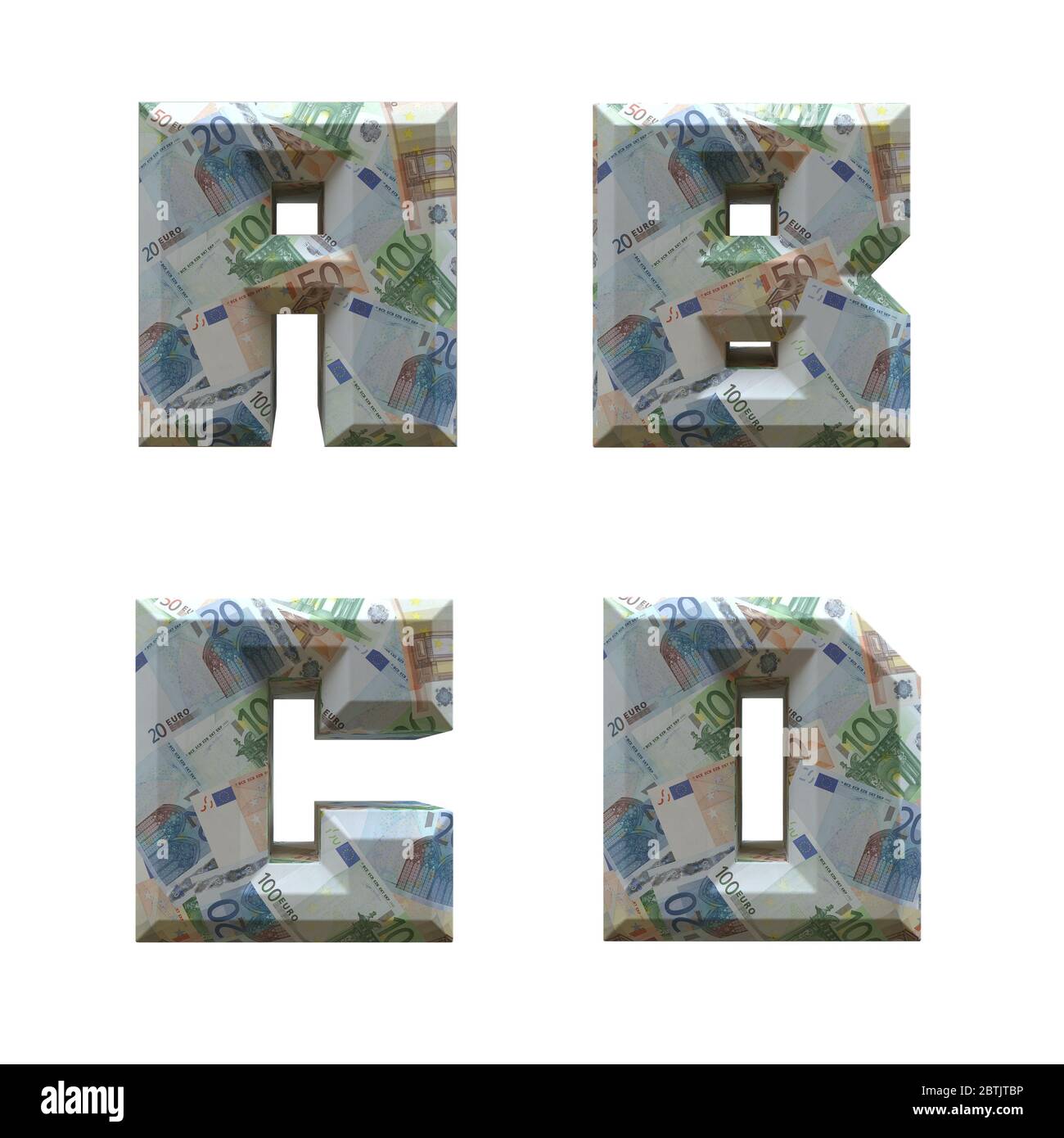 3D alphabet wrapped around with Euro banknotes: letters A-D on white ...