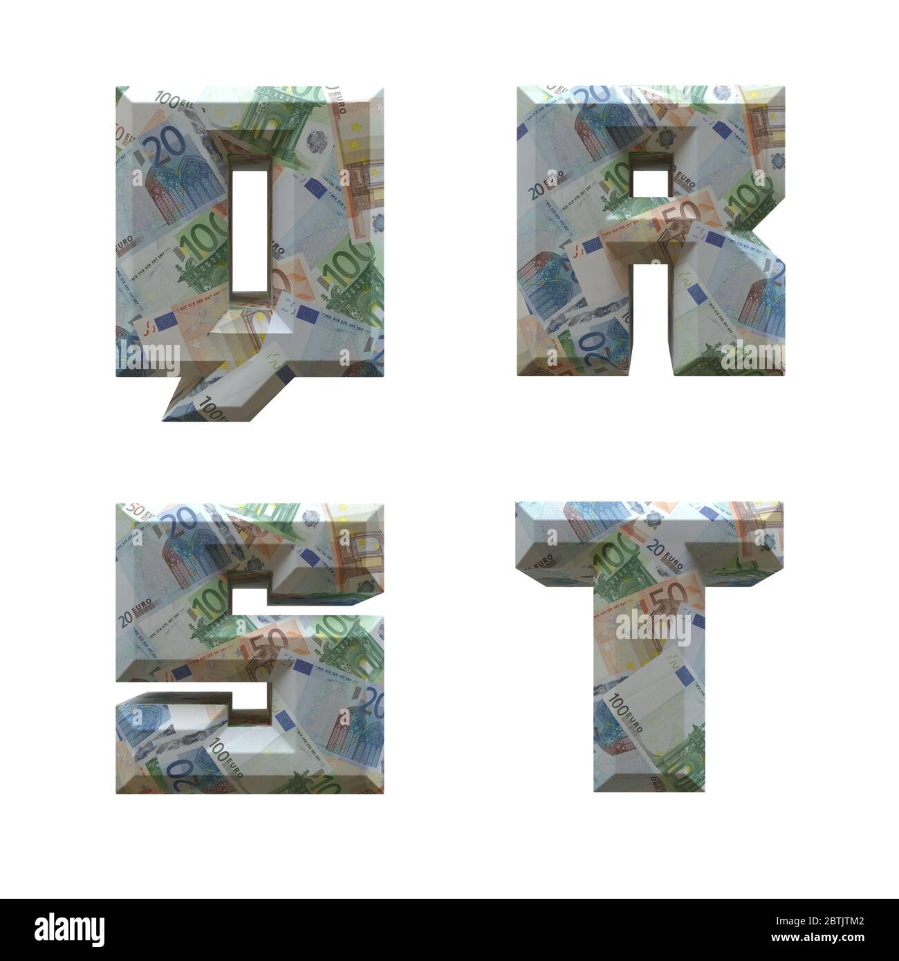3D alphabet wrapped around with Euro banknotes: letters Q-T on white ...