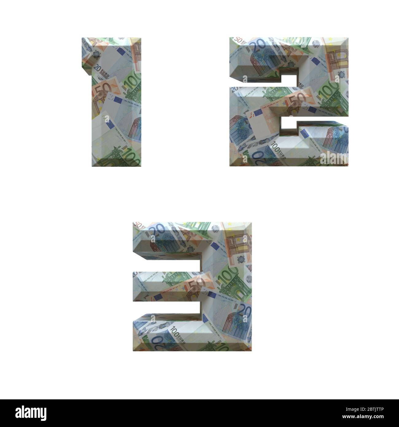 3D alphabet wrapped around with Euro banknotes: digits 1-3 on white ...