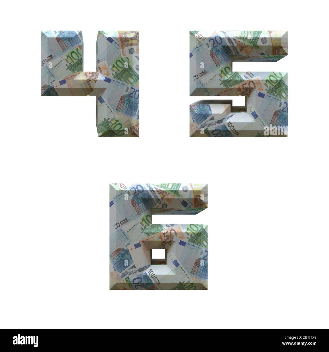 3D alphabet wrapped around with Euro banknotes: digits 4-6 on white ...