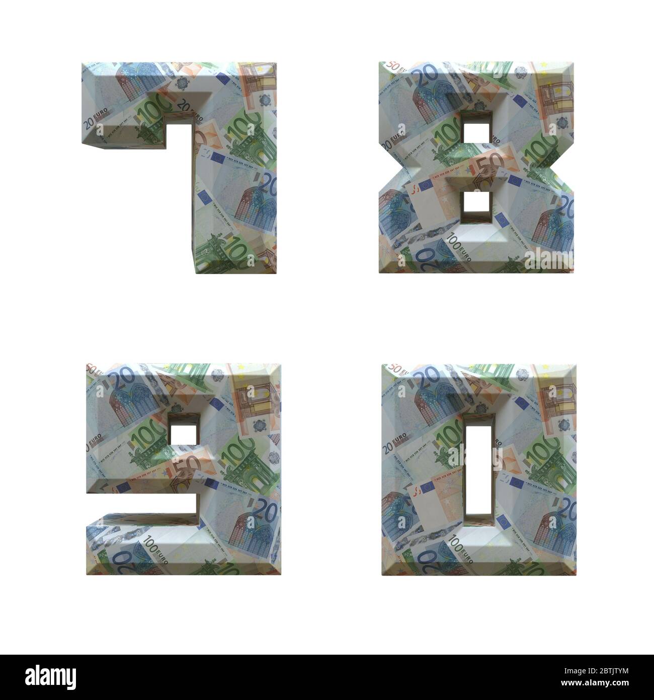 3D alphabet wrapped around with Euro banknotes: digits 7-0 on white ...