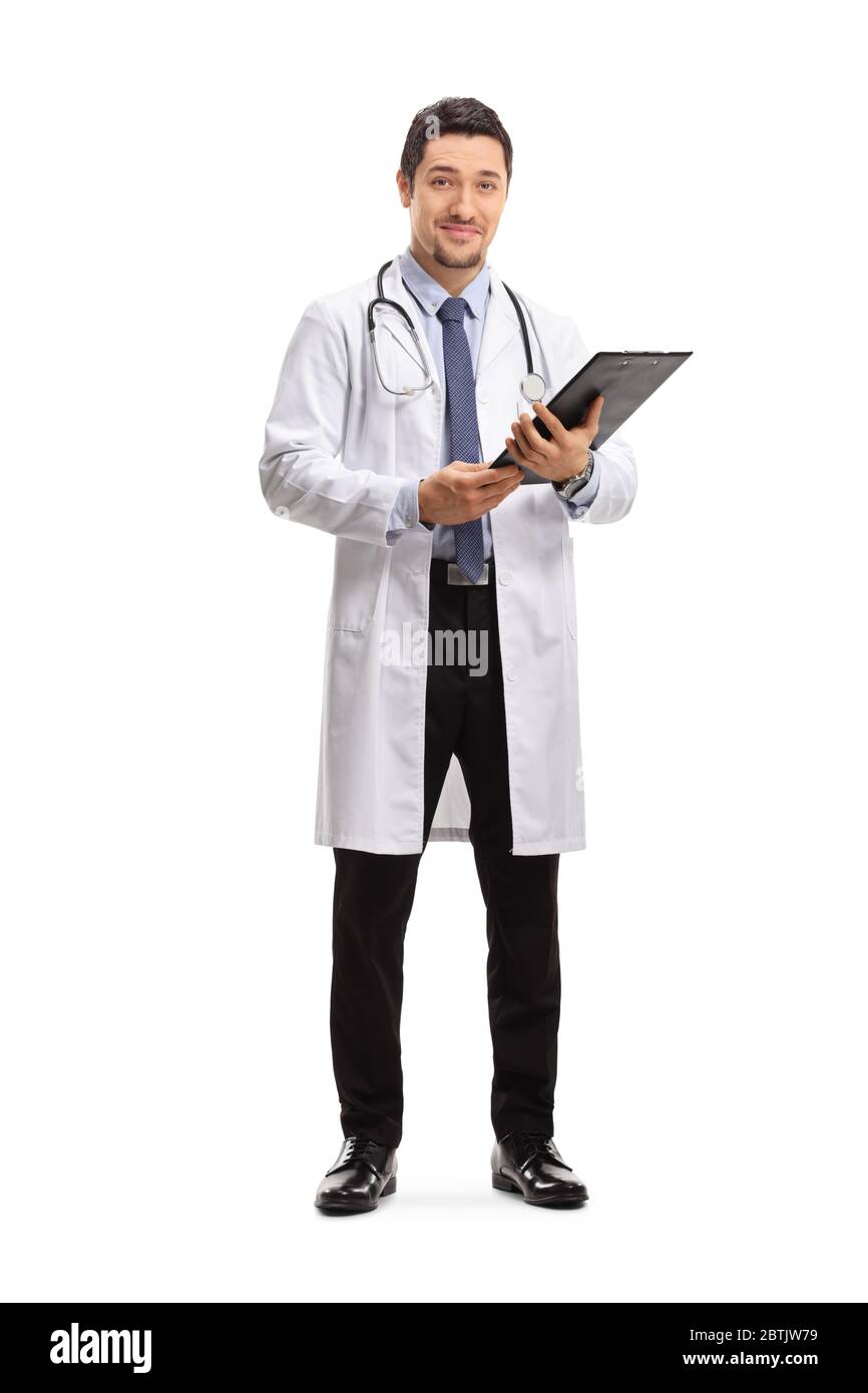 Full length portrait of a young doctor smiling isolated on white ...