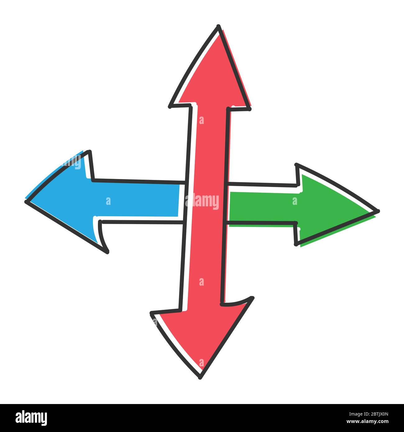 Double color overlapping of arrow. Vector drawing in the Doodle style ...