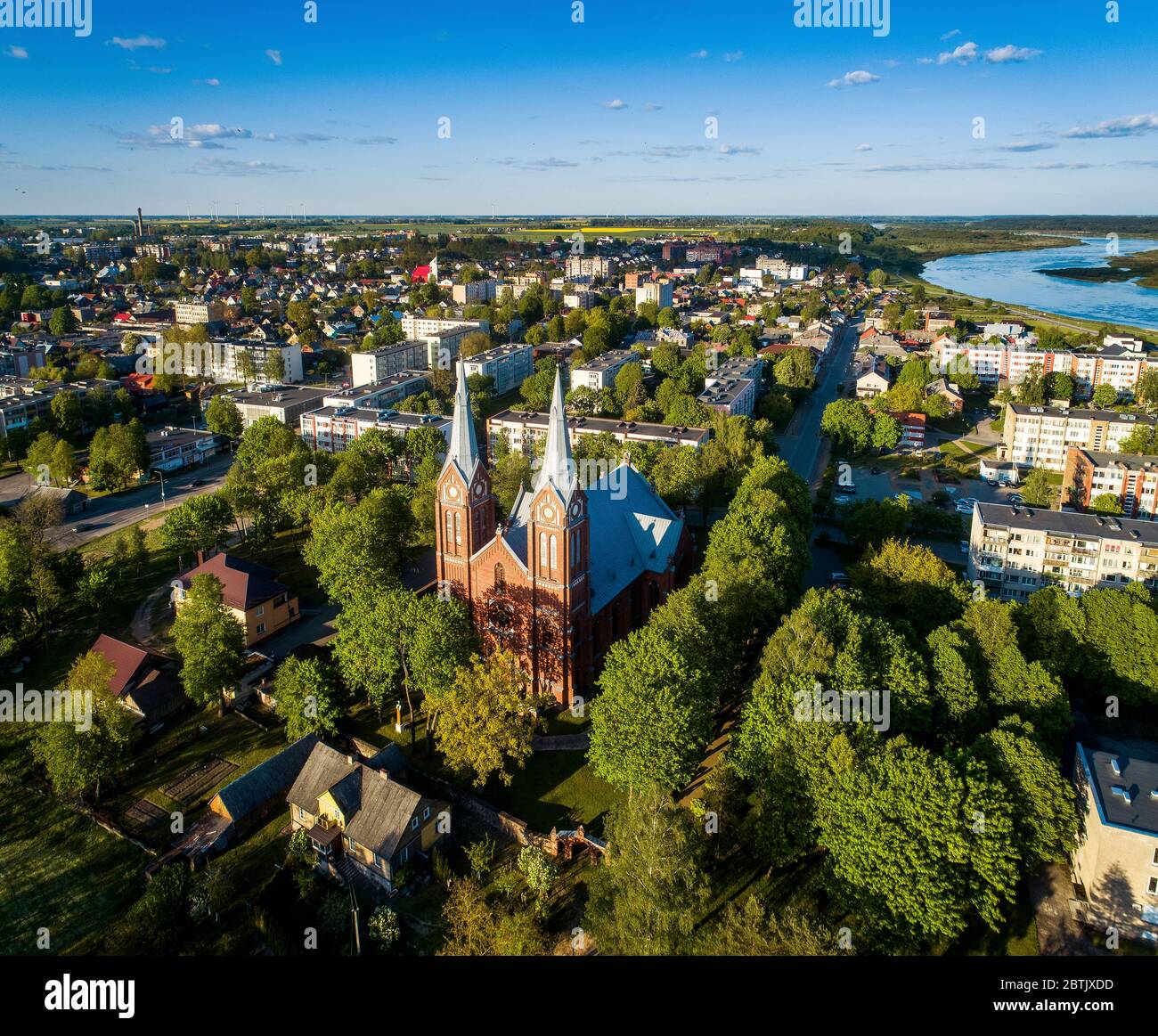 Jurbarkas city and Catholic Church of Holy Trinity from the drone ...