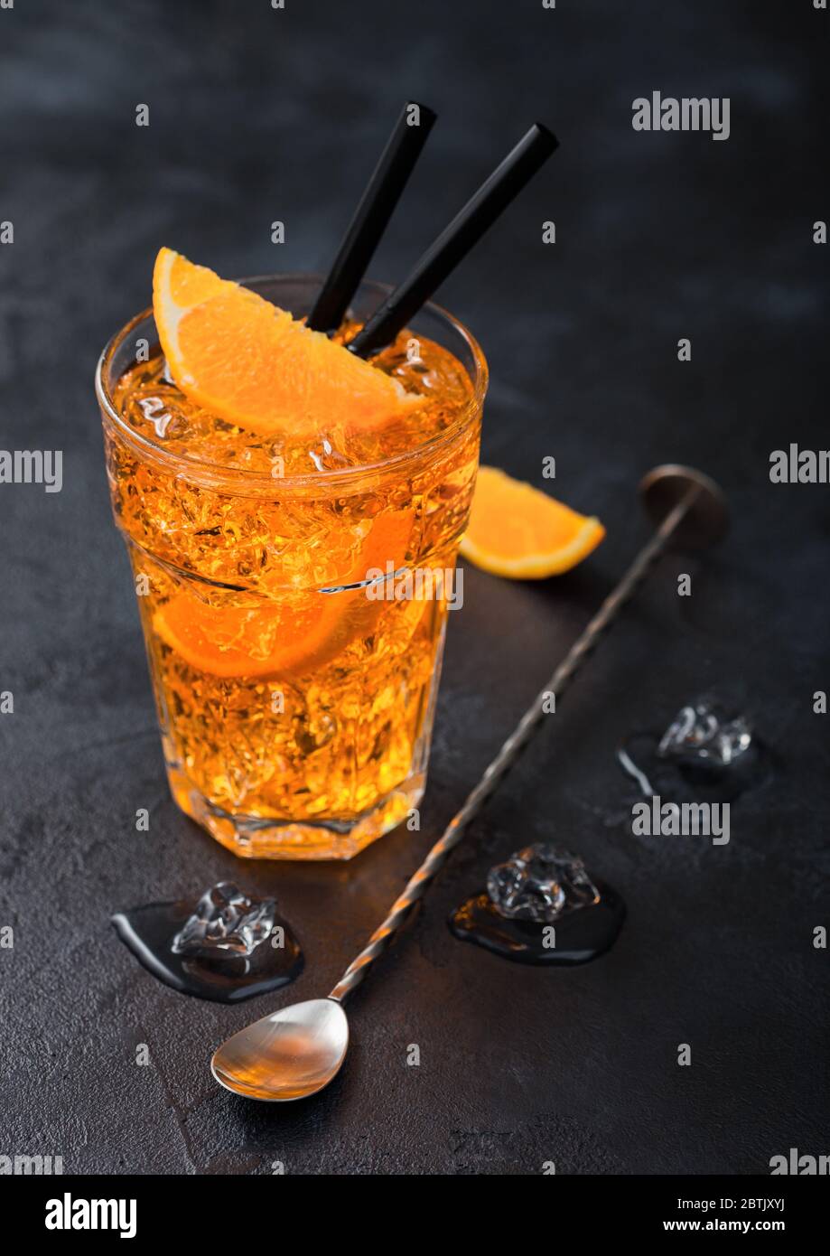 Aperol spritz summer cocktail in highball glass with orange slices and ...