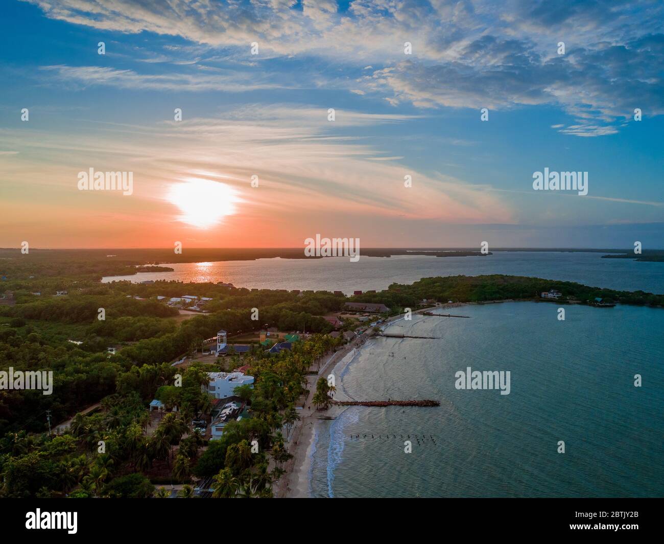 Aerial view of paradisiacal beaches at the Colombian Caribbean, showing ...
