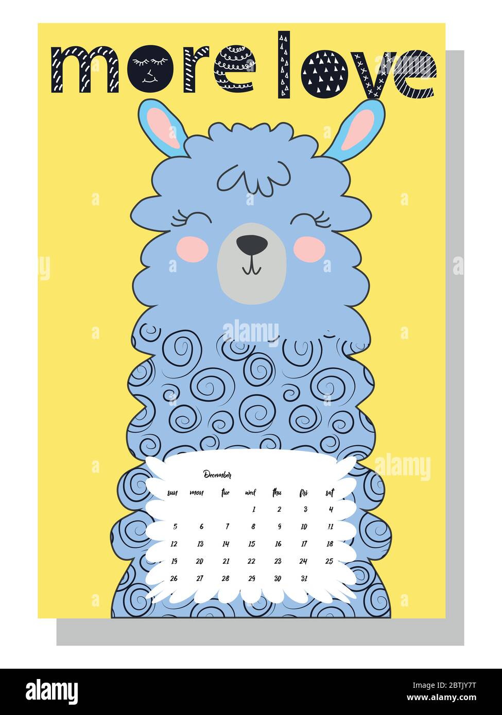 Cute monthly calendar of 2021 with a llama, cactus, inscriptions in the ...