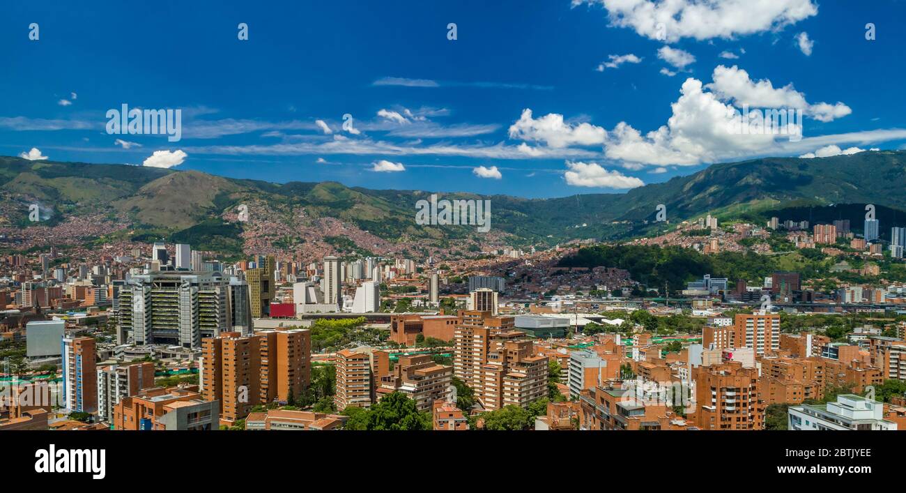 An aerial view of Medellin city on a sunny day showing some of the ...