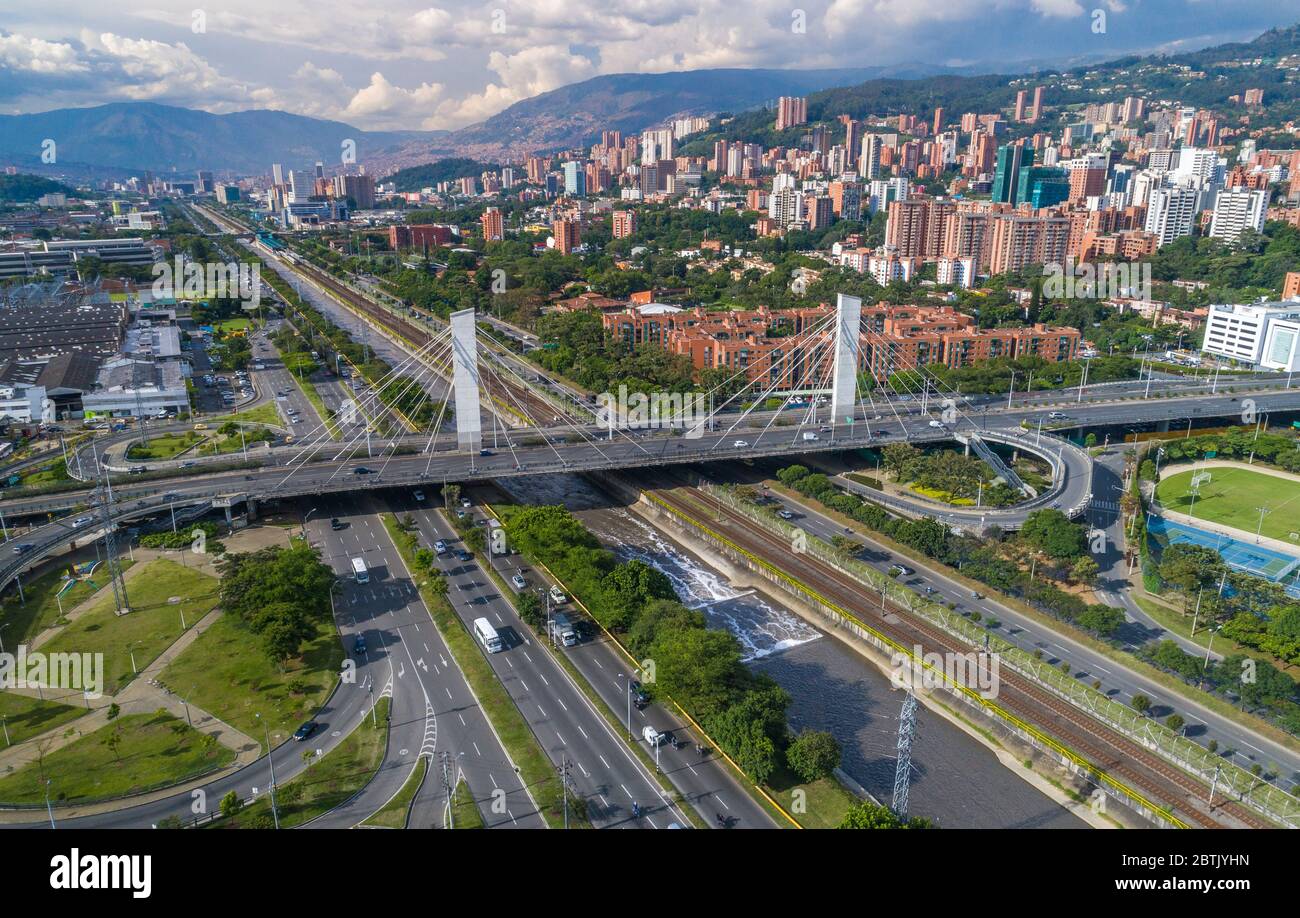 An aerial view of the emblematic bridge on Medellin City called 4 Sur ...
