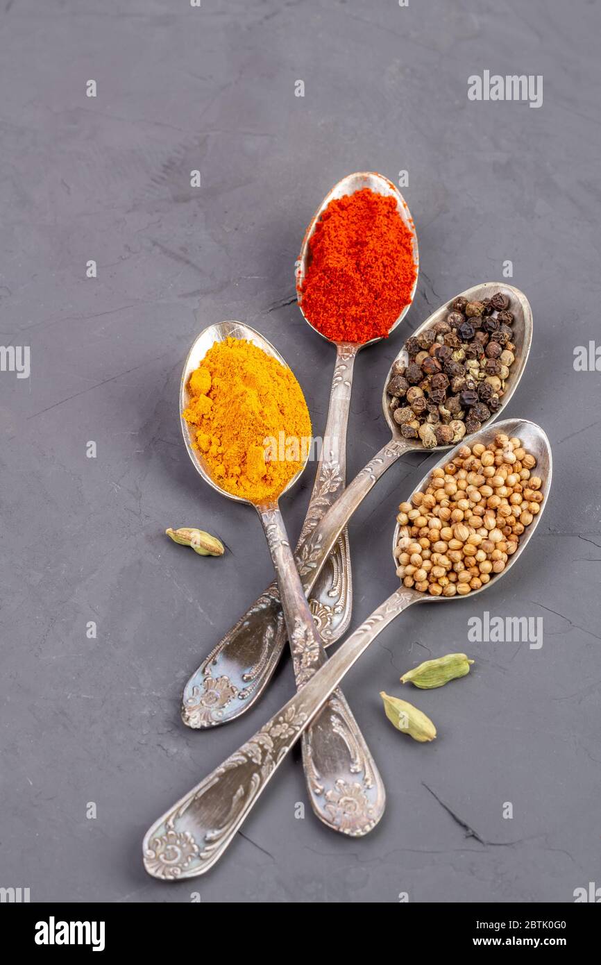 Dry spices of different colors in teaspoons. Top view Stock Photo - Alamy