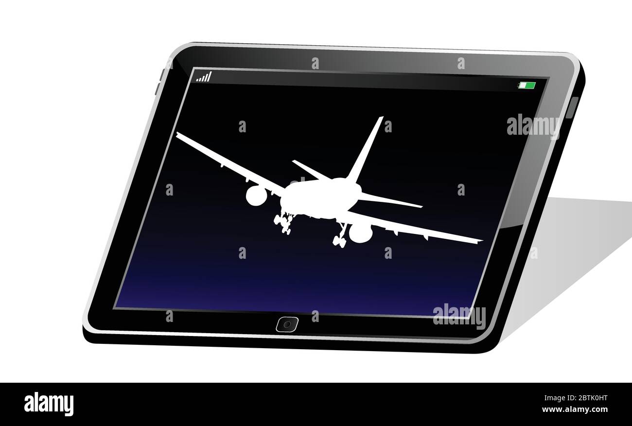 tablet with white airplane illustration on white background Stock ...