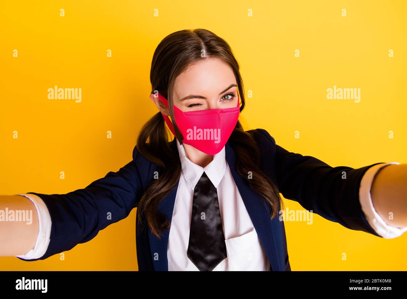 Close up photo of high school student girl make selfie blogging wink ...