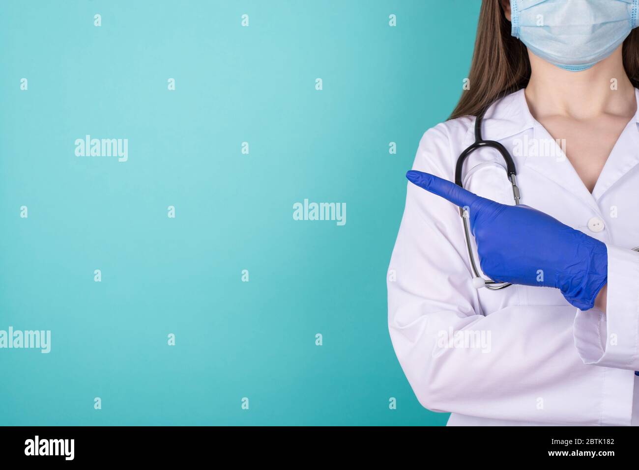 Close-up cropped photo of female professional skilled doctor pointing ...