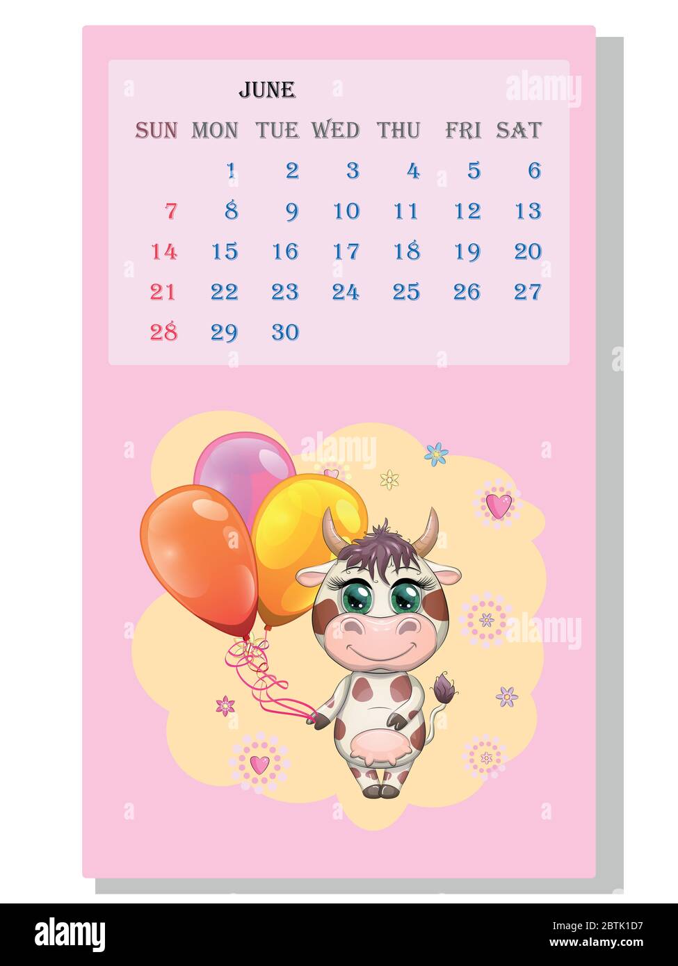 Calendar 2021. Cute bull and cow for every month Stock Vector Image ...