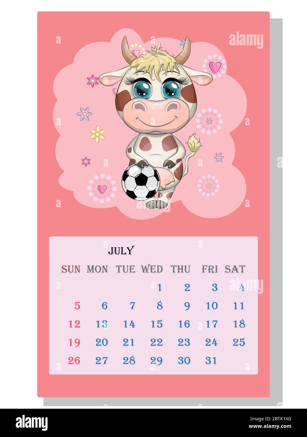 Calendar 2021. Cute bull and cow for every month Stock Vector Image ...