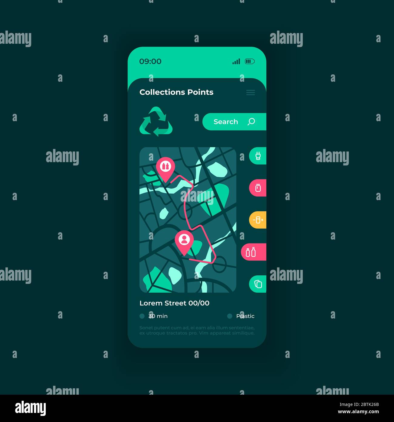 Garbage collection points map smartphone interface vector template ...