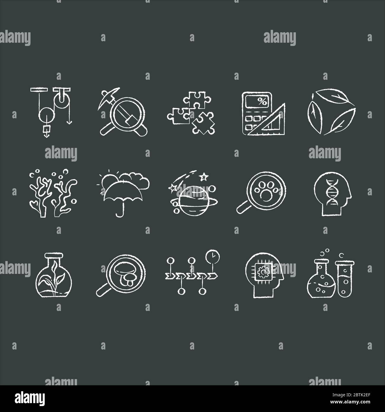 Formal and pure science chalk white icons set on black background Stock ...