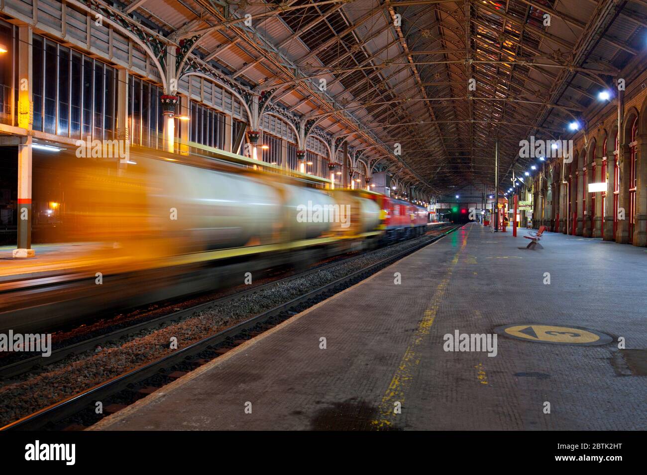 DB Cargo Rail UK freight train passing Preston railway station on the ...