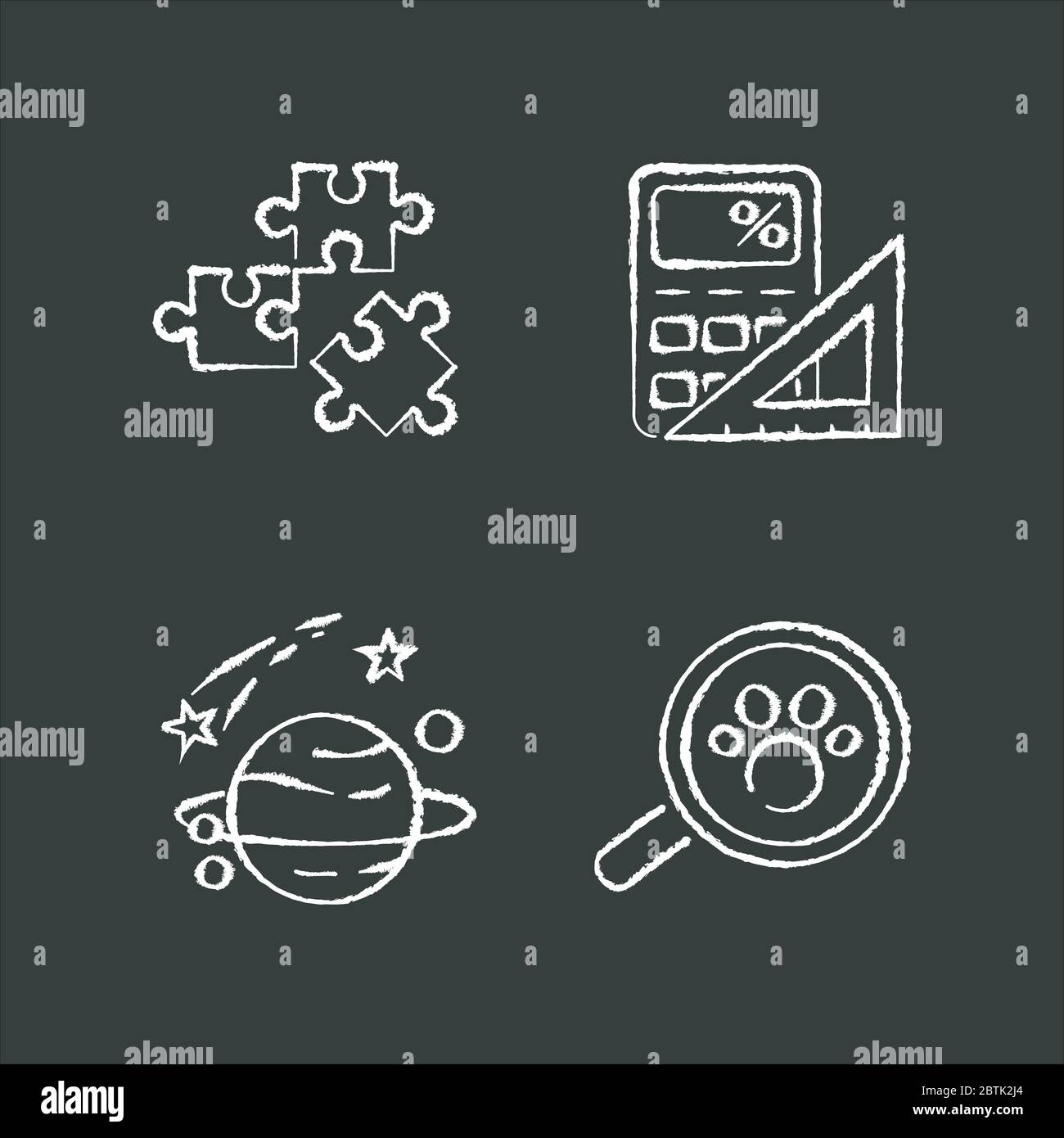 Natural and formal sciences chalk white icons set on black background ...