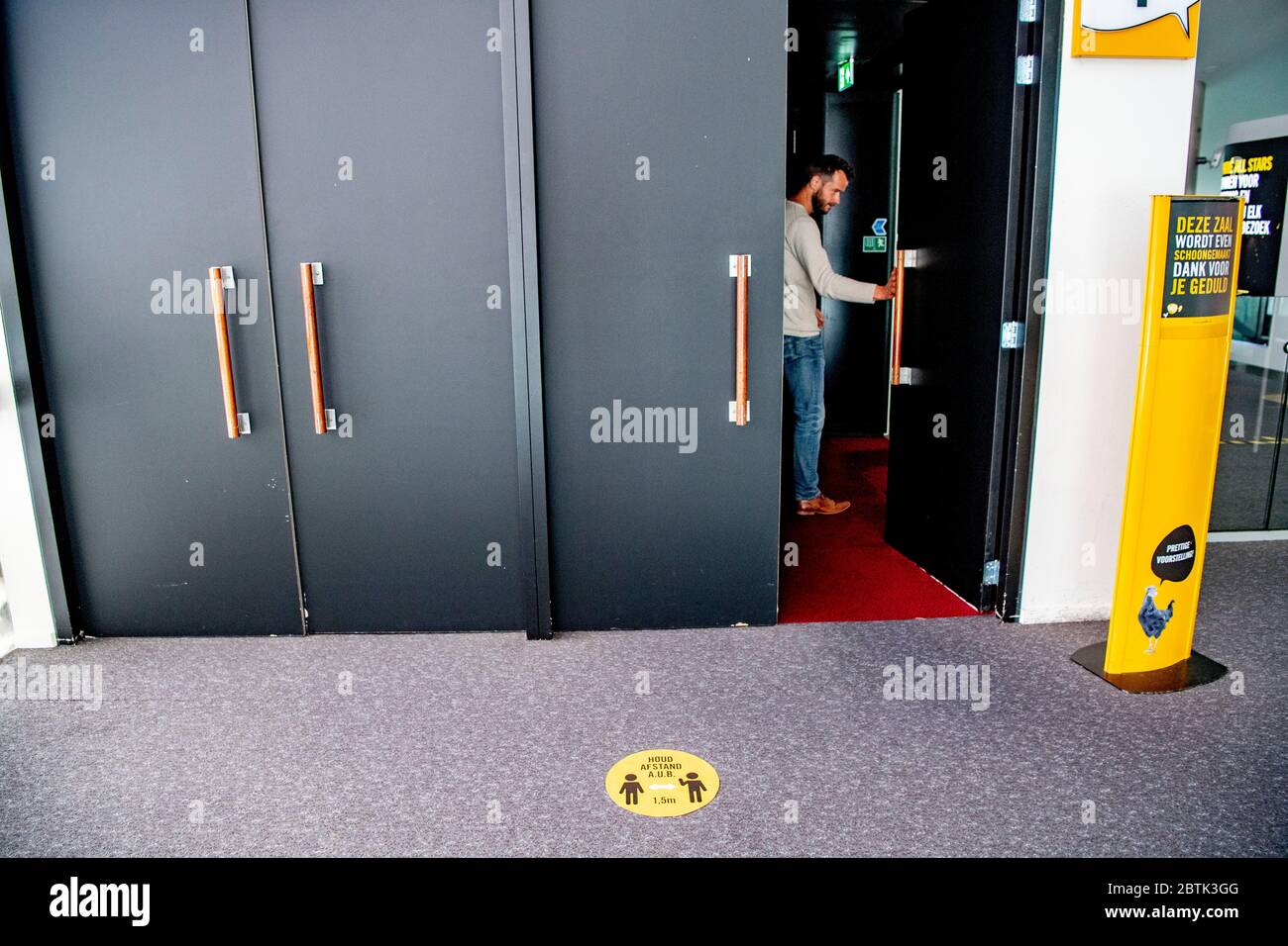 Social distancing sign seen on the floor at the cinema during the ...
