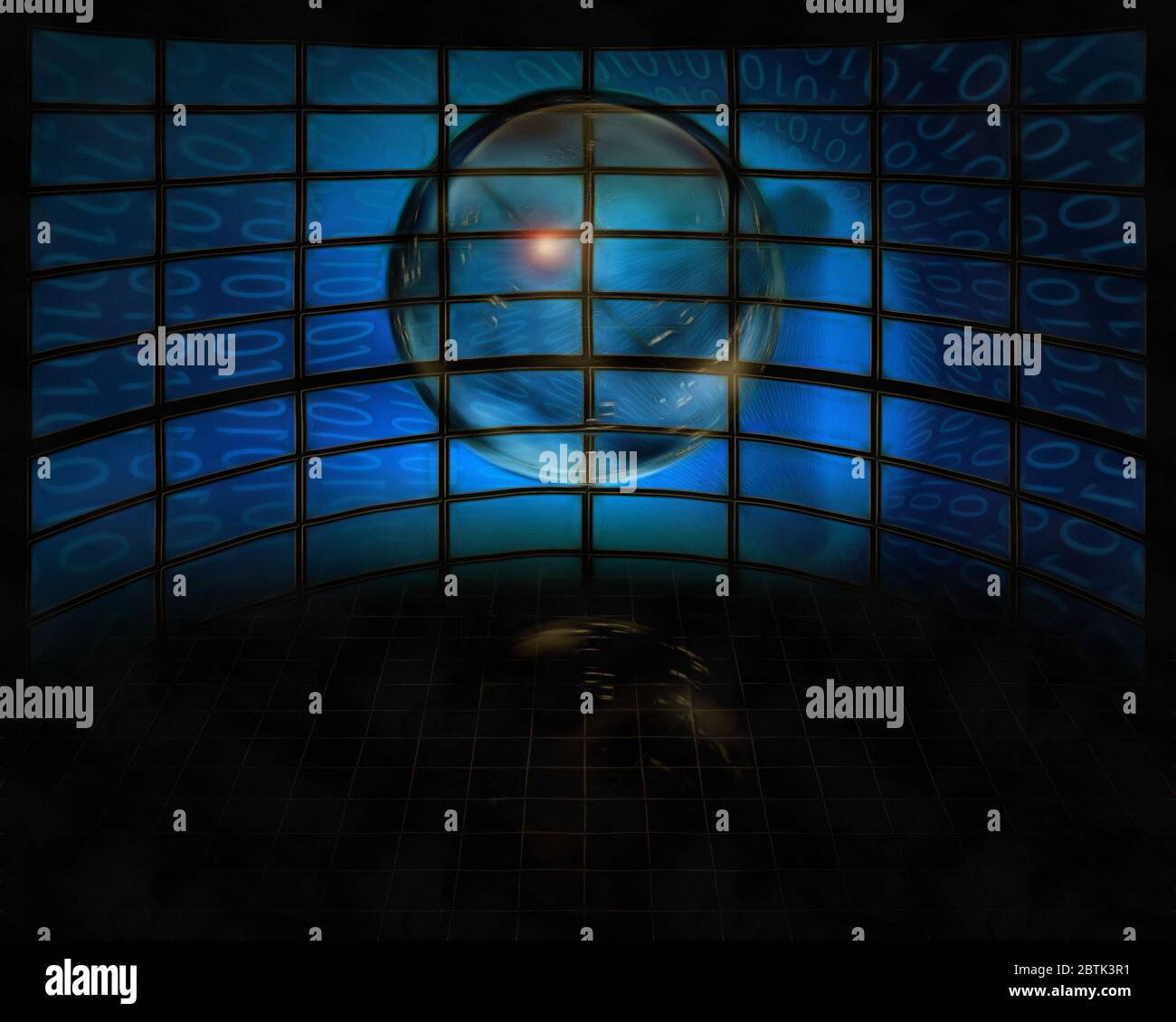Empty glass sphere before computer language screens Stock Photo - Alamy