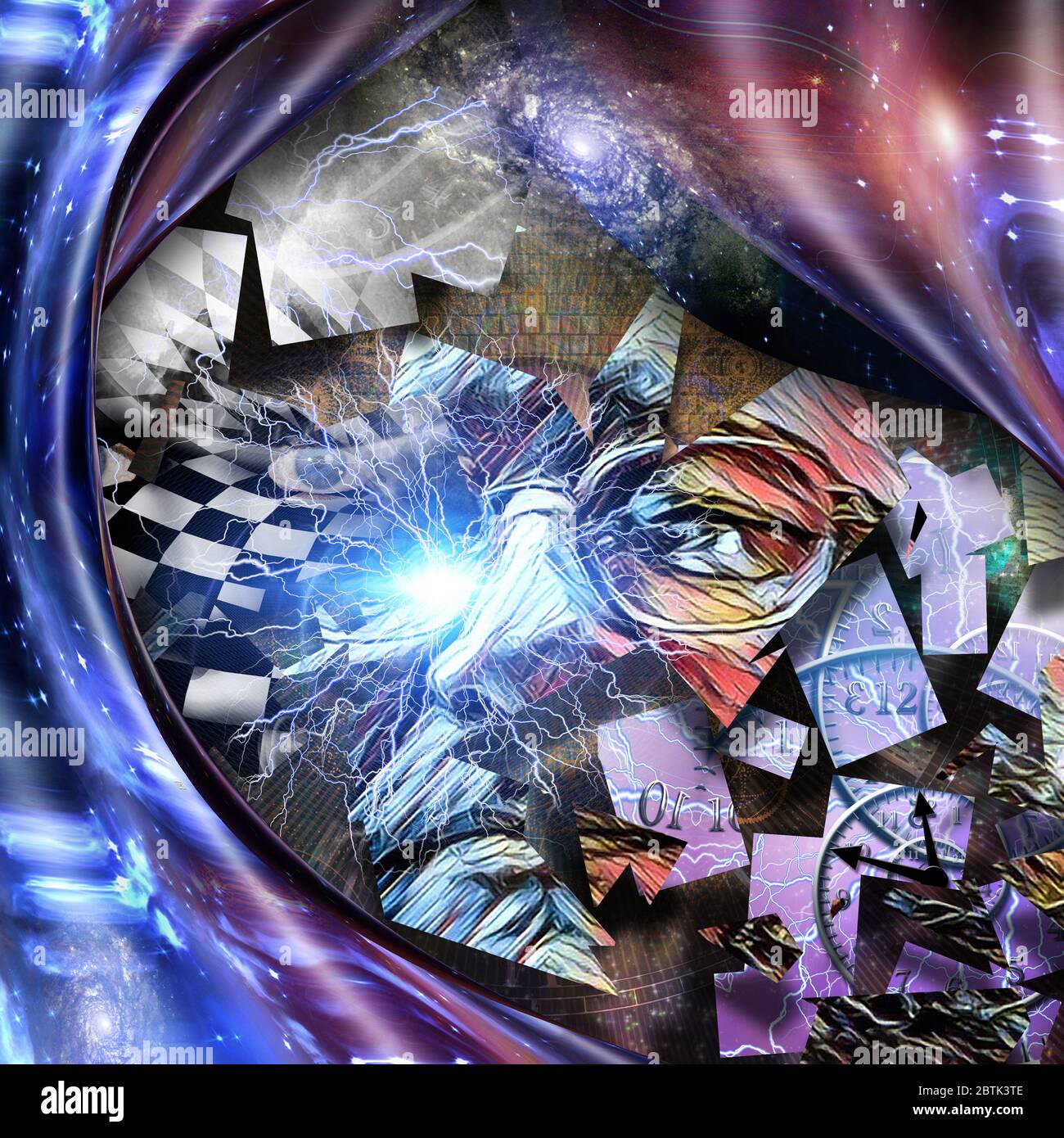 Man face in surreal space. Warped dimension and time Stock Photo - Alamy