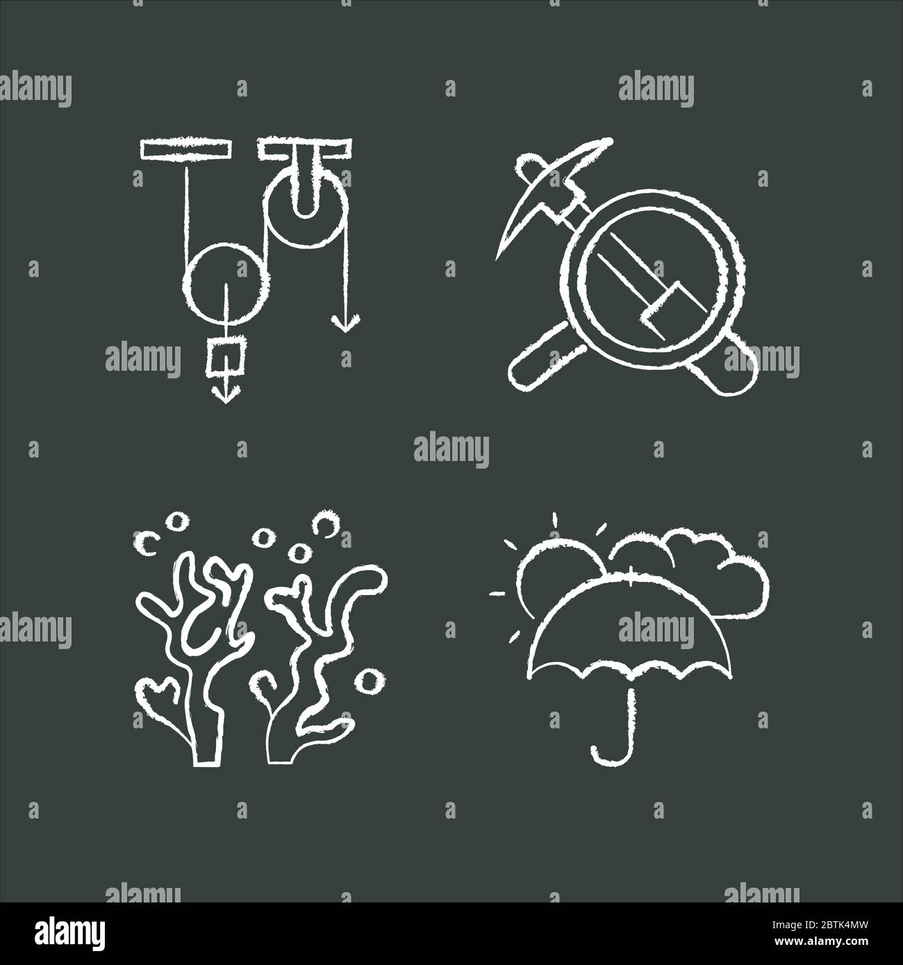 Physical and life sciences chalk white icons set on black background ...