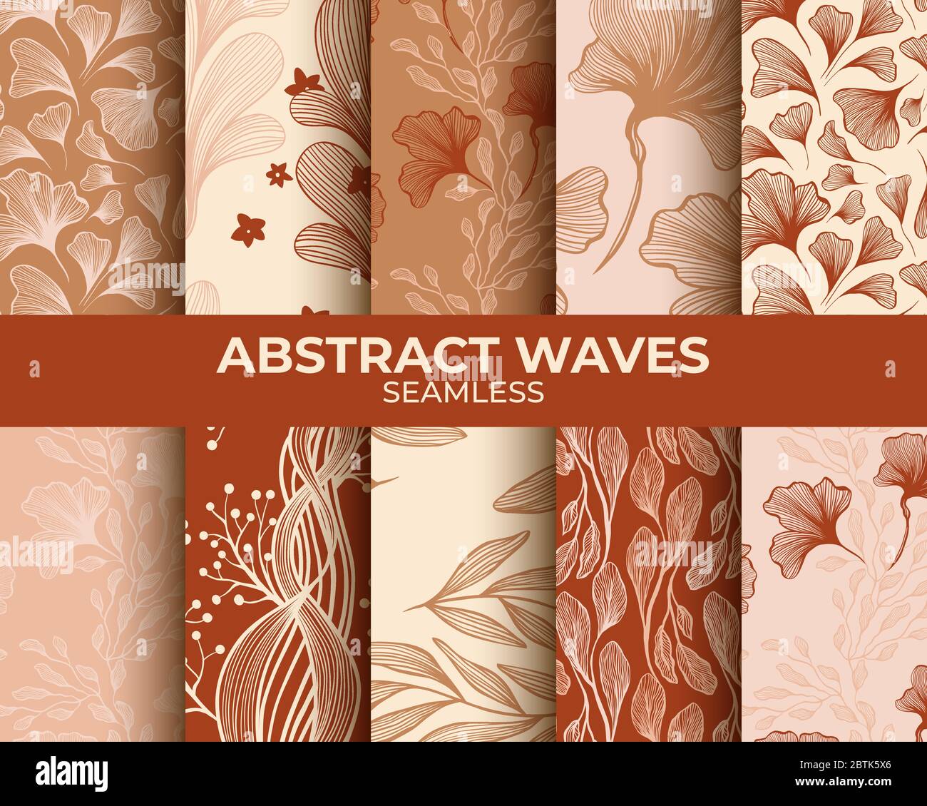 Abstract Neutral Botanical Seamless Patterns set in Light Neutral Desert Colors. Line art ...