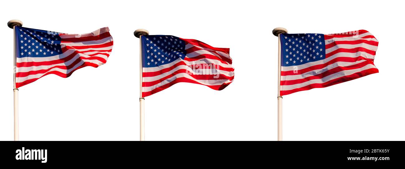 Three flags of the United States of America (USA) on a white background ...